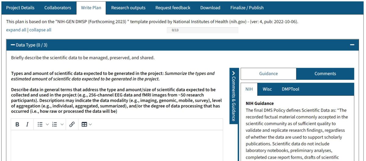 New NIH Template in DMPTool - Research Data Services